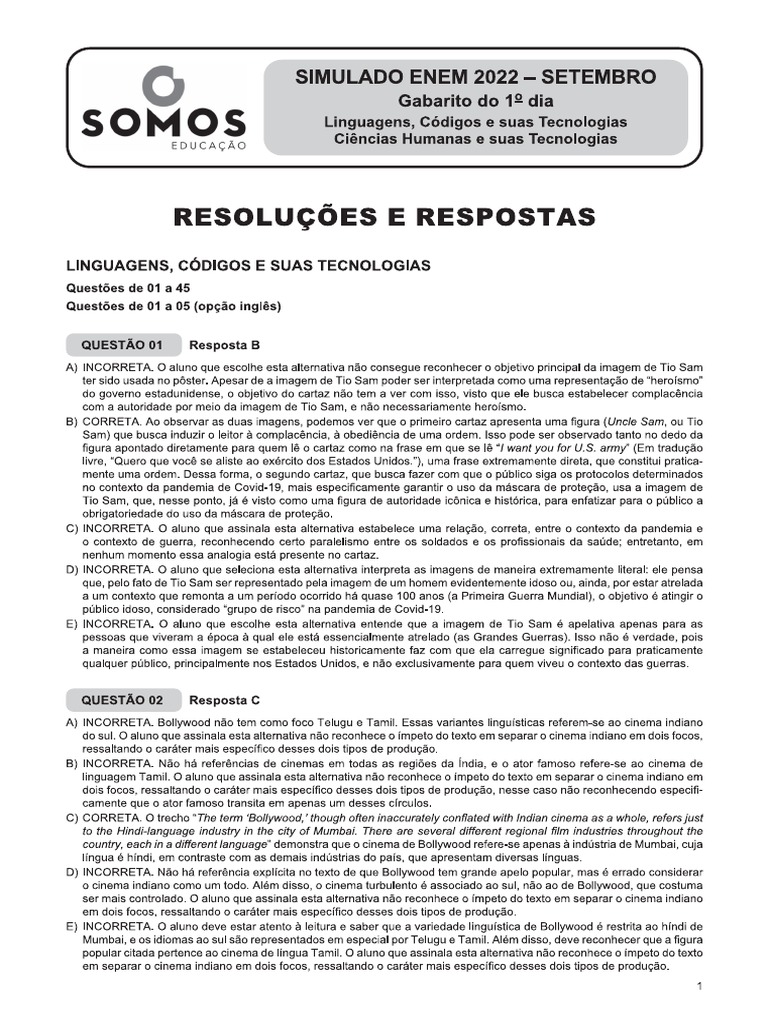 6o Simulado SOMOS Enem 2022 P1 Resolucoes | PDF