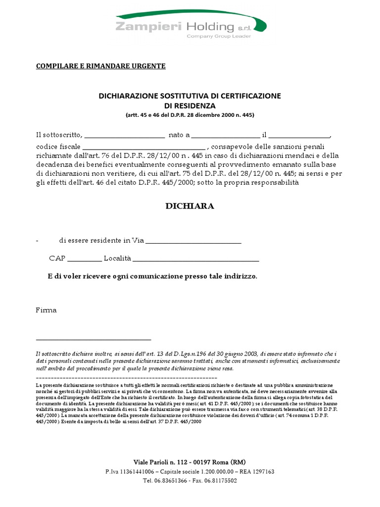 ZH Autocertificazione Residenza | PDF
