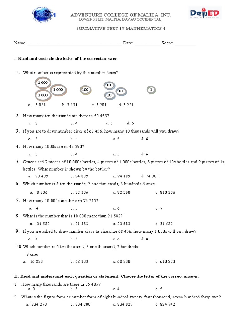 Mathematics 4 Summative Test Guide | PDF