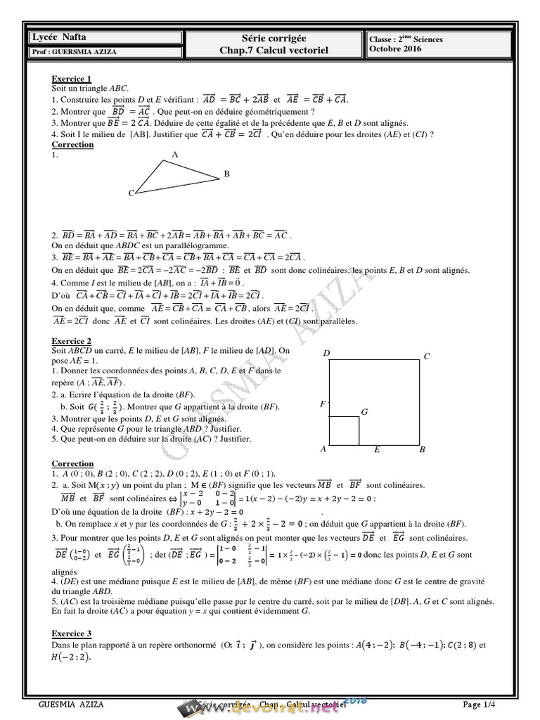 Série D'exercices Corrigée - Math - Calcul Vectoriel - 2ème Sciences ...
