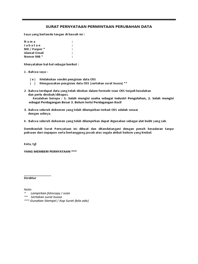 Surat Pernyataan Permintaan Perubahan Data OSS | PDF