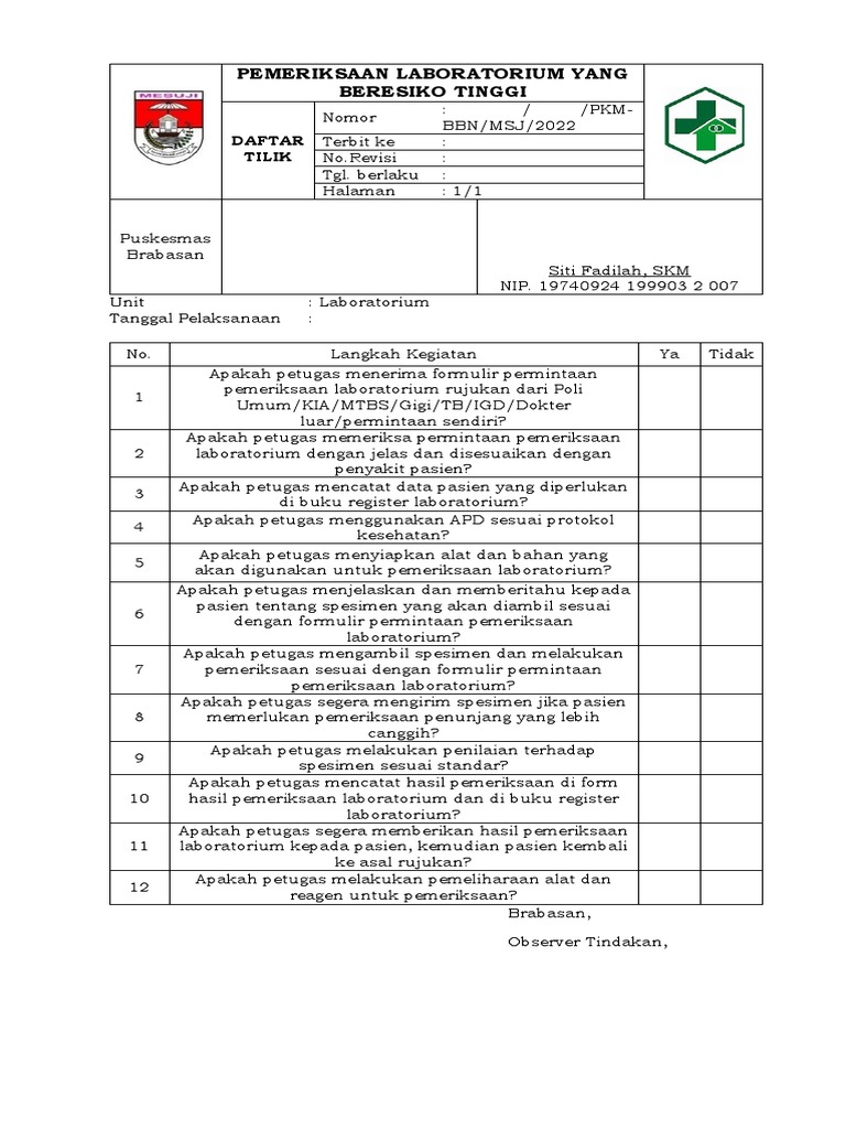 Daftar Tilik Pemeriksaan Lab Yg Beresiko Tinggi | PDF | Sains & Matematika