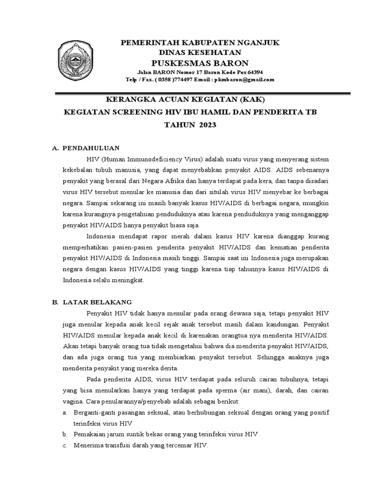 KAK Kegiatan Screening HIV Ibu Hamil Dan Penderita TB 2023 | PDF