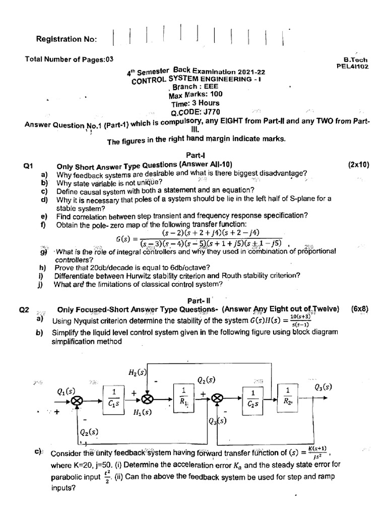 Btech Eee 4 Sem Control System Engineering 1 Pel4i102 2022 | PDF