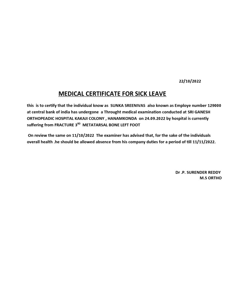 Medical Certificate For Sick Leave | PDF