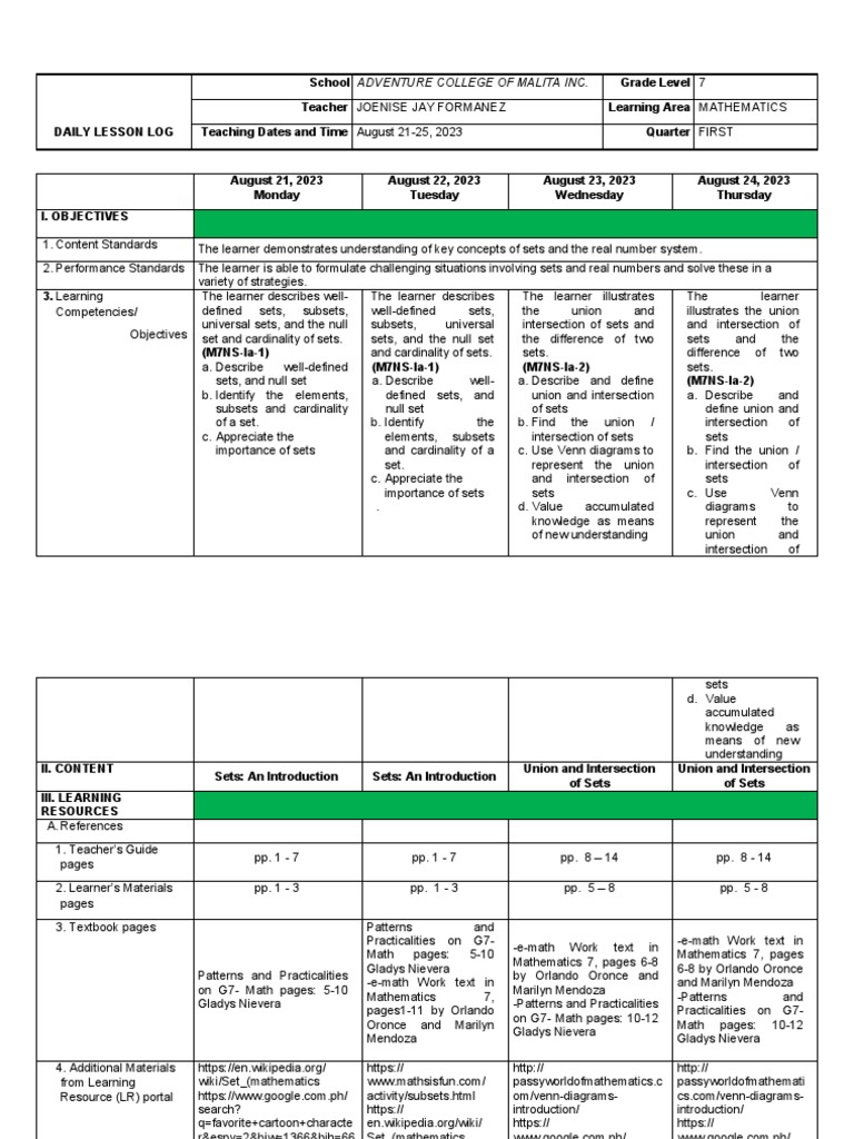 Daily Lesson Log - Grade 7 Math (Aug. 21-25) | PDF | Set (Mathematics ...