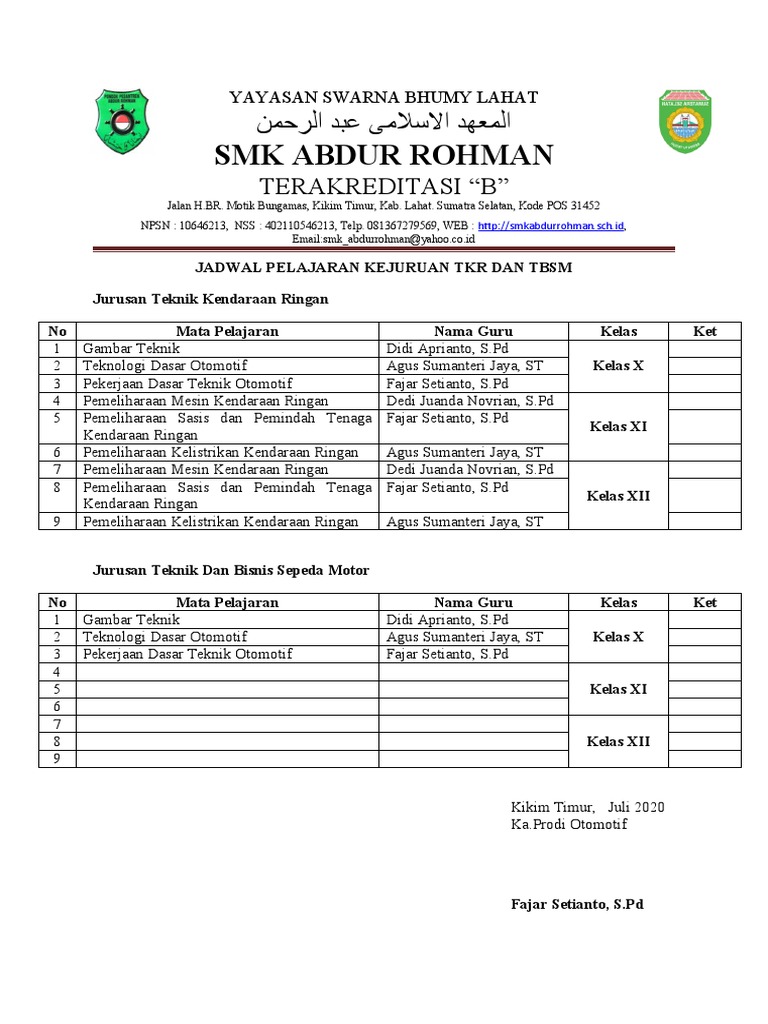 Jadwal Pelajaran TKR & TBSM SMK Abdur Rohman | PDF