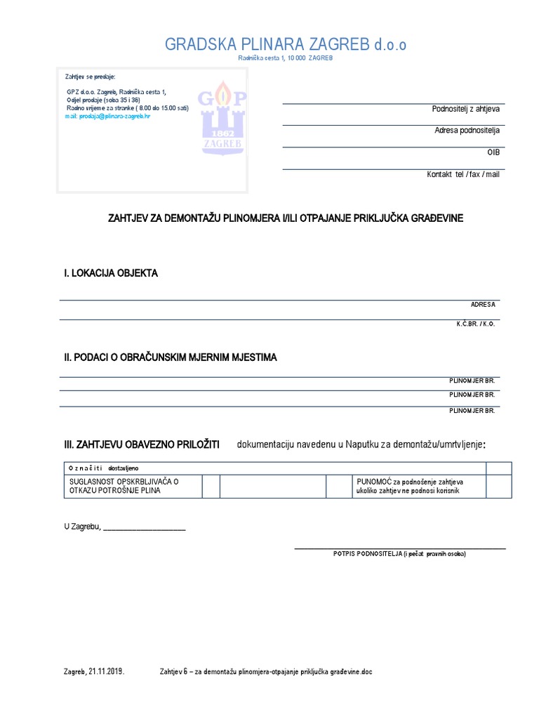 Zahtjev 6 - Za Demontažu Otpajanje Priključka Građevine | PDF