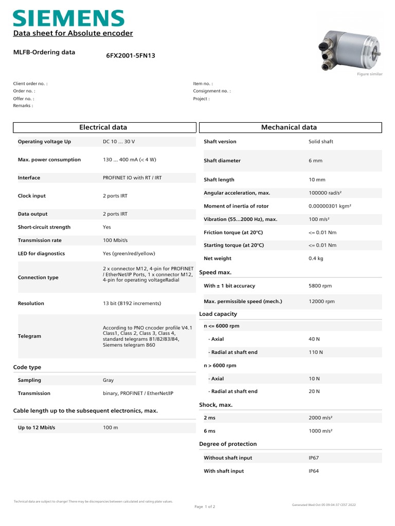 Absolute Encoder Data Sheet 6FX2001-5FN13 | PDF | Computing ...