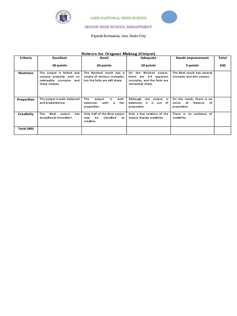 Rubrics For Origami Making | PDF