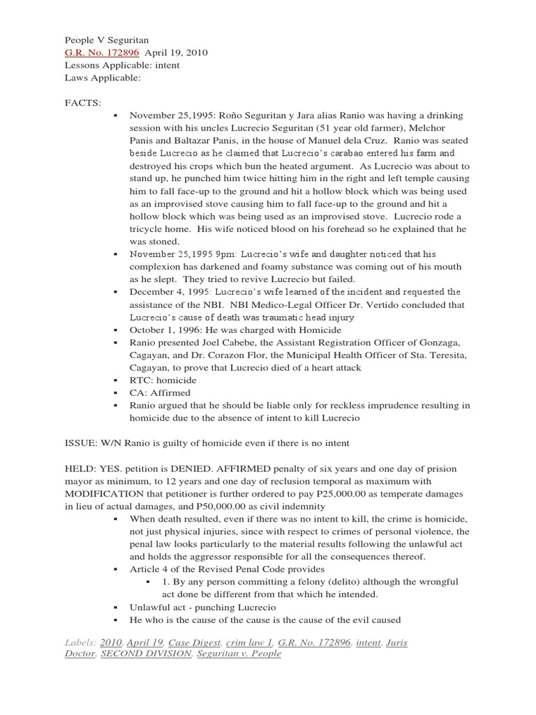 Homicide Case: People v. Seguritan | PDF