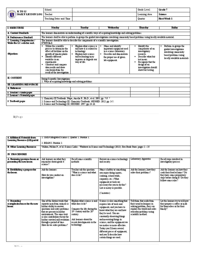 Grade 7 Science Daily Lesson Plan | PDF