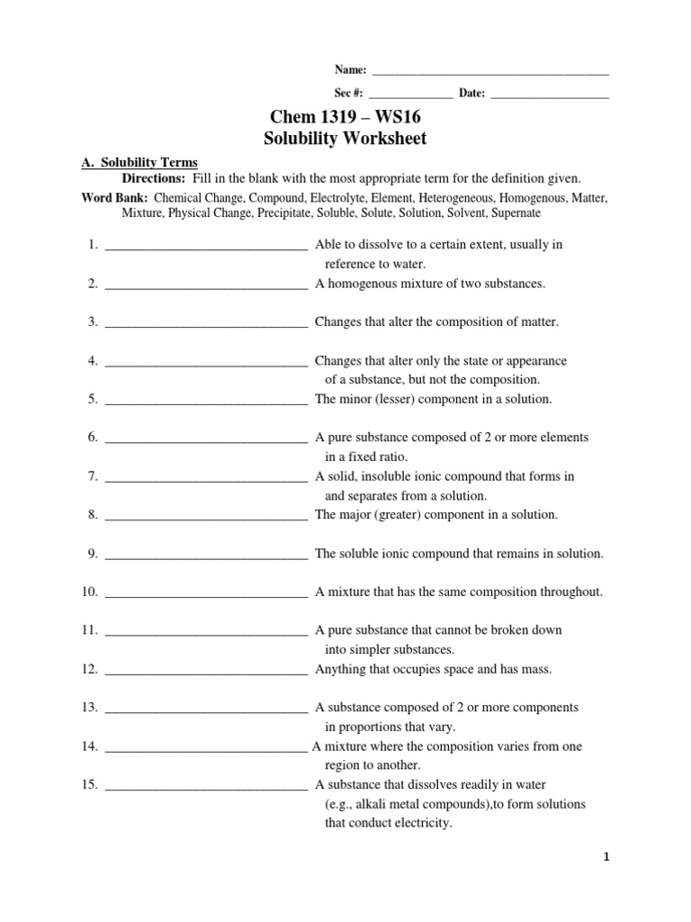 Solubilityworksheet | PDF | Solubility | Chemical Substances