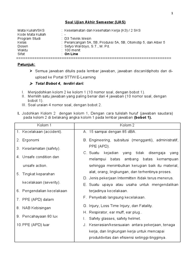 UAS MK Teori K3 - D3 Teknik Mesin - 2021 | PDF