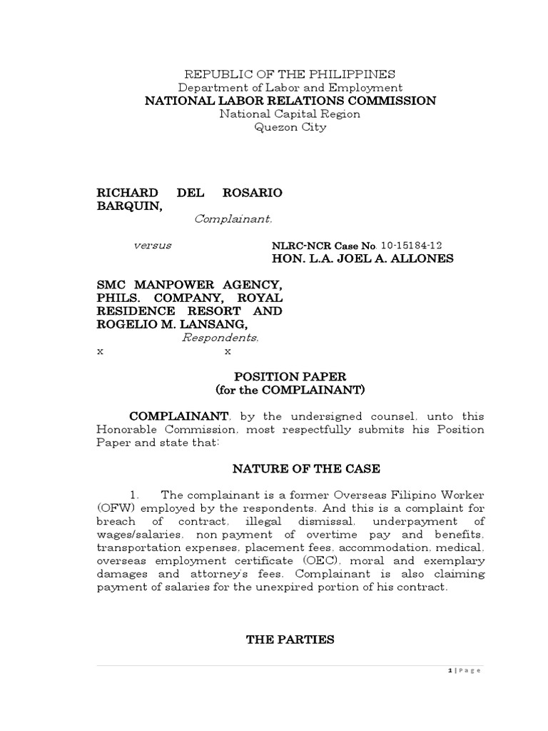 Richard NLRC Position Paper | PDF