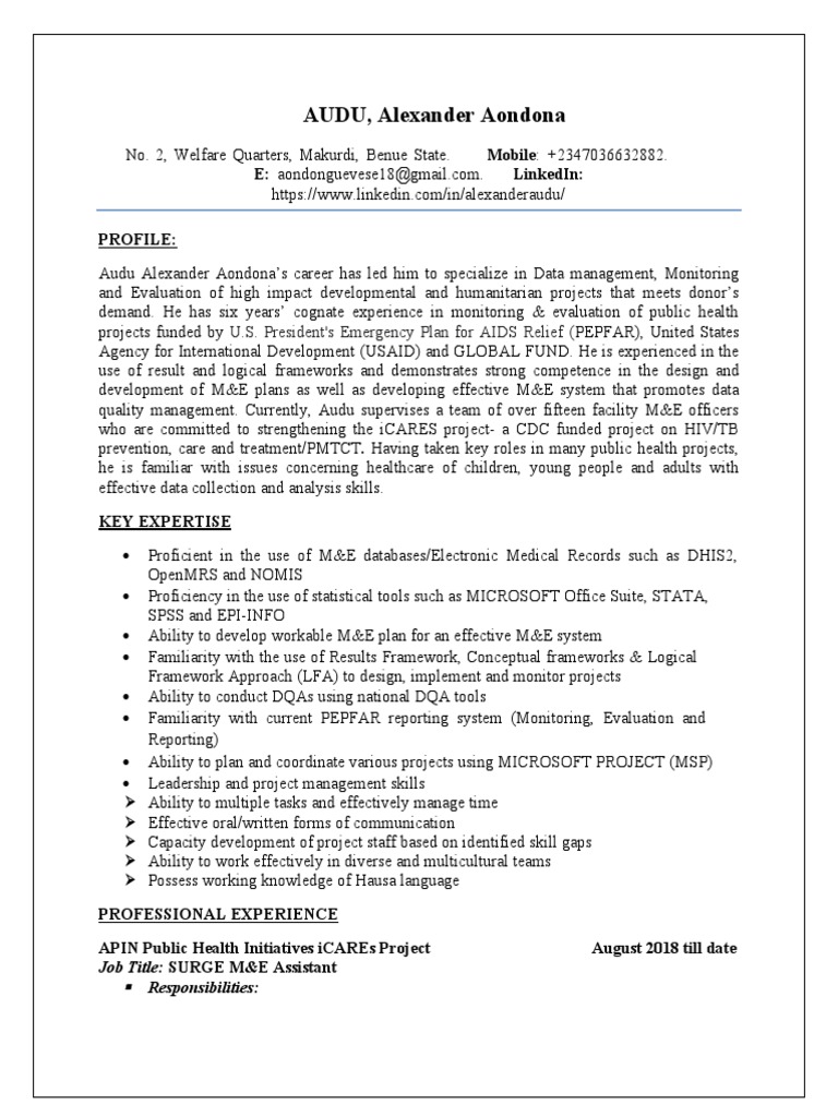 Alexander Aondona Audu - Resume | PDF | President's Emergency Plan For Aids Relief | Health Care
