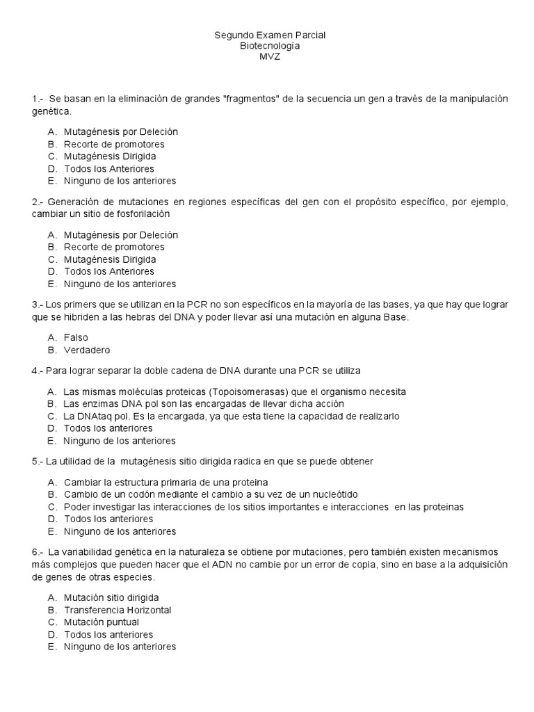 Examen Parcial de Biotecnología MVZ | PDF | Adn | Gene