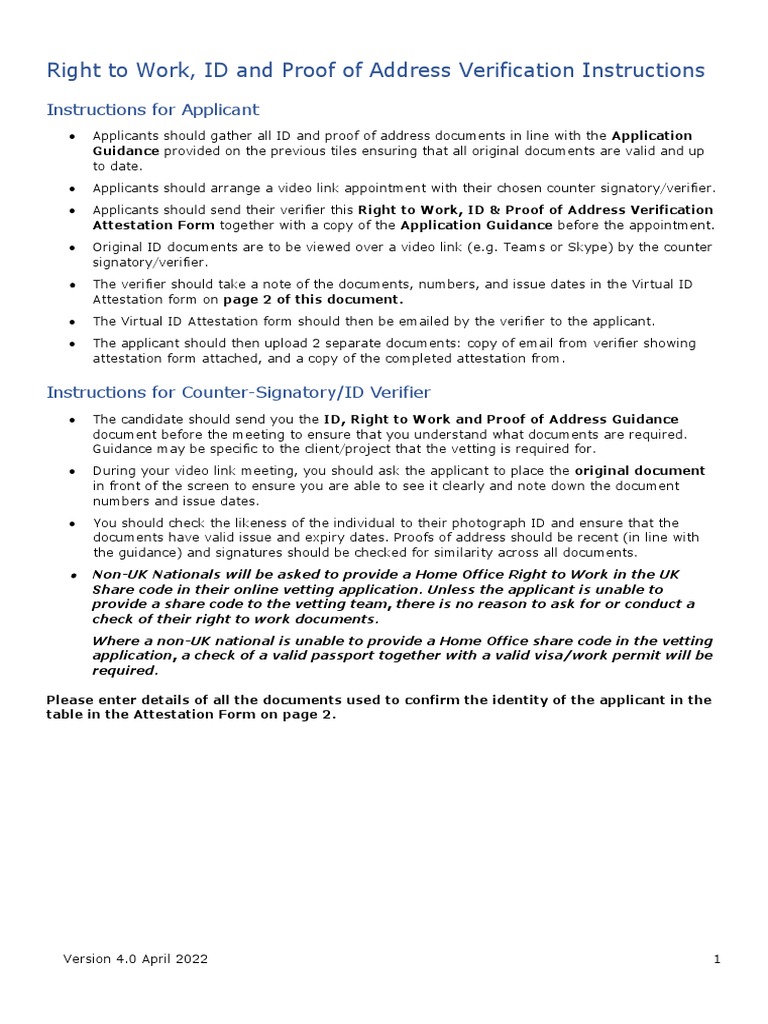 Right To Work, ID & Proof of Address Verification Attestation Form V4.0 ...
