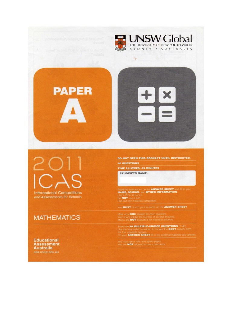 ICAS Paper A - Maths - 2011 | PDF