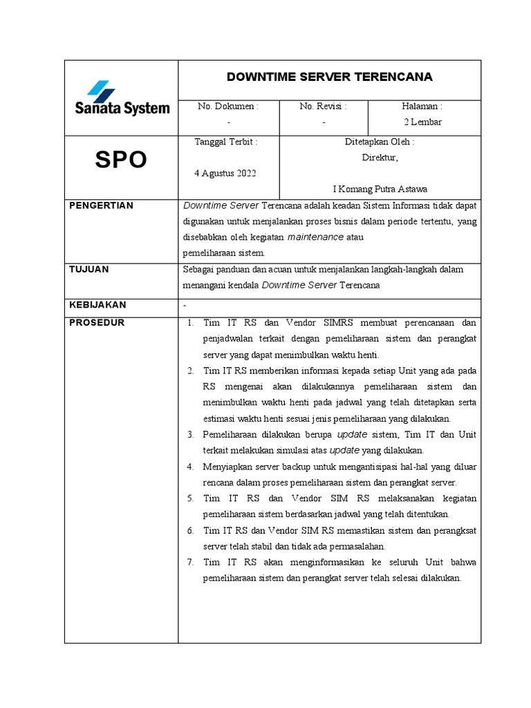 SOP Downtime SIM RS Yang Terencana | PDF