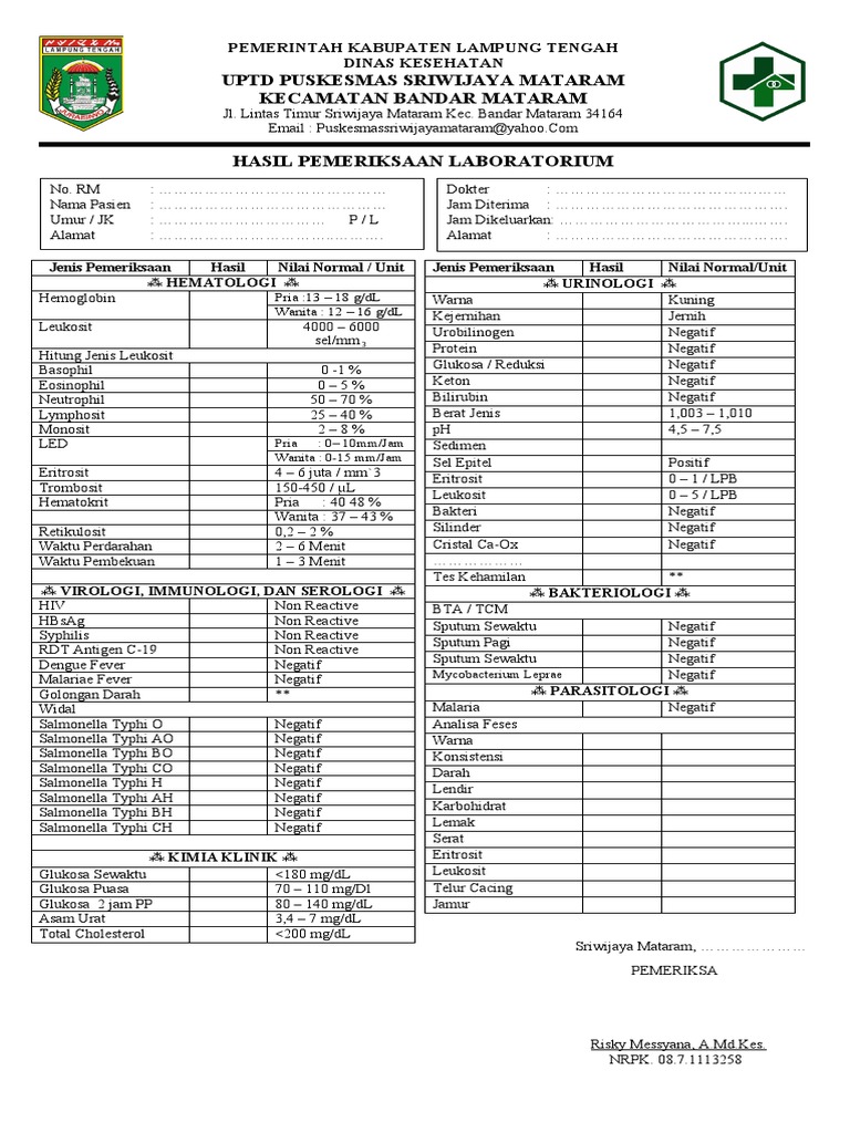Hasil Lab Puskesmas Sriwijaya | PDF