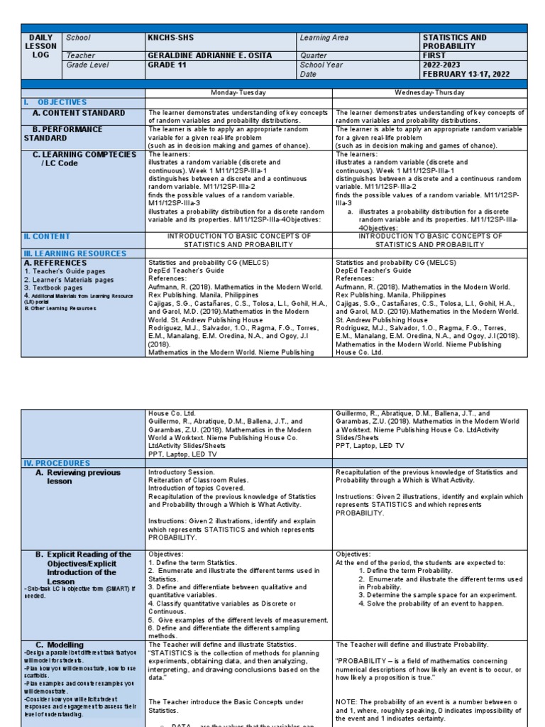 Grade 11 Statistics Lesson Plan | PDF | Statistics | Level Of Measurement