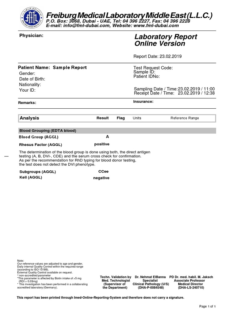 Sample Report Blood Group Sub | PDF | Blood Type | Serology