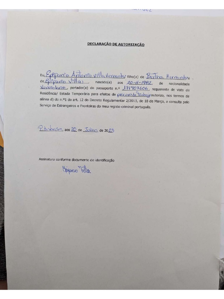 Requerimento para Autorizacao de Consulta Do Registo Criminal Pelo Sef ... Requerimento para Autorizacao de Consulta Do Registo Criminal Pelo Sef ...