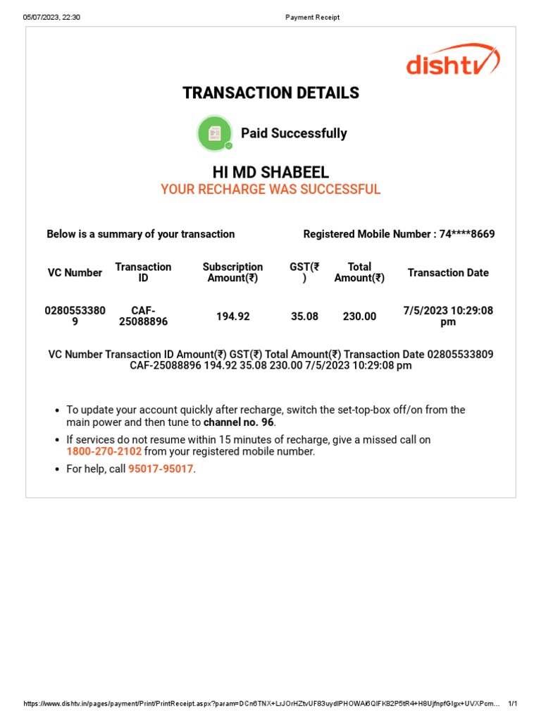 Dish TV Payment Receipt Summary | PDF