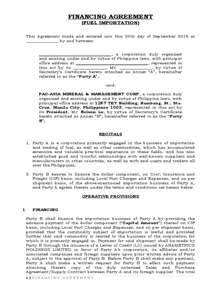 Fuel Financing Agreement Template | PDF | Arbitration | Letter Of Credit