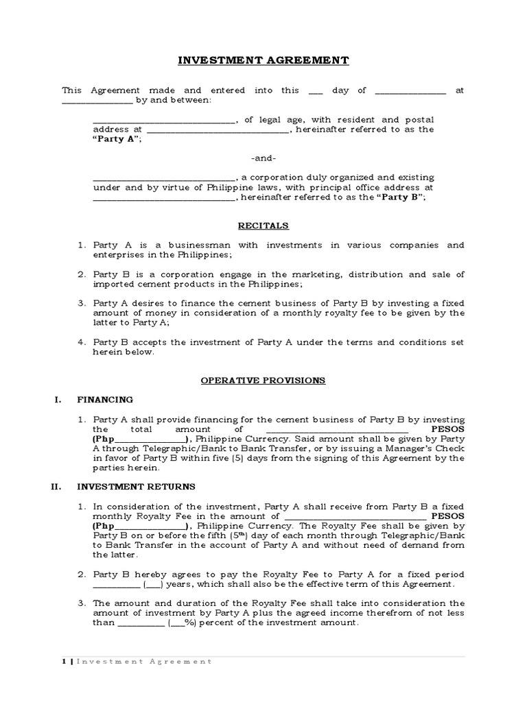 Investment Agreement Template | PDF | Law