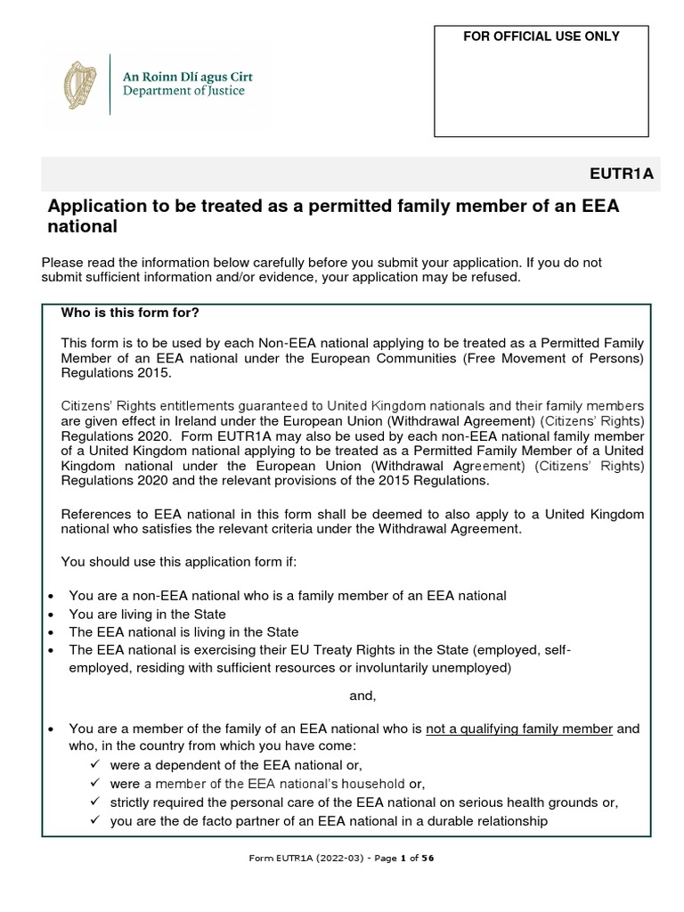 EUTR1A Application for Non-EEA Family Members | PDF