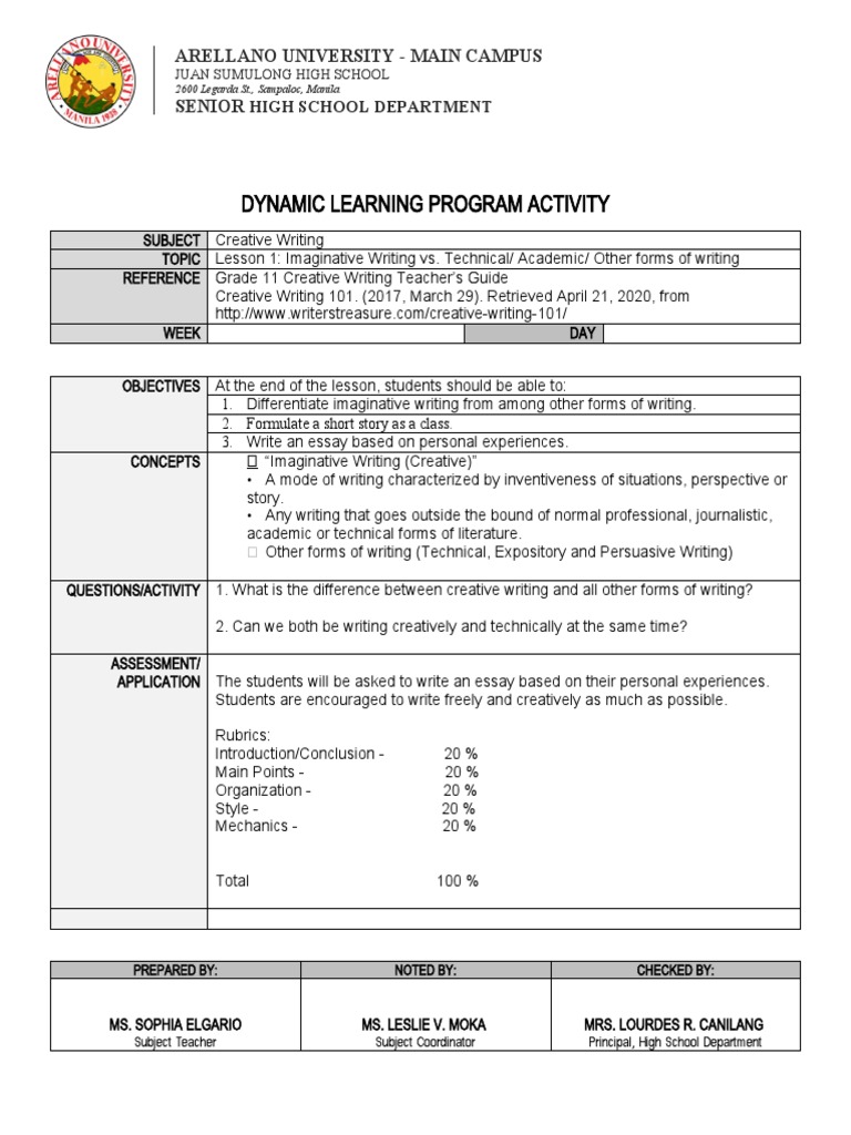 Creative Dlp Lesson 1 Imaginative Writing Pdf