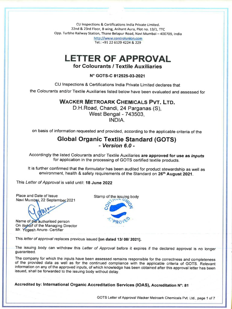 Letter of Approval - Wacker Metroark Chemicals Pvt. Ltd. Renewal 2023 | PDF
