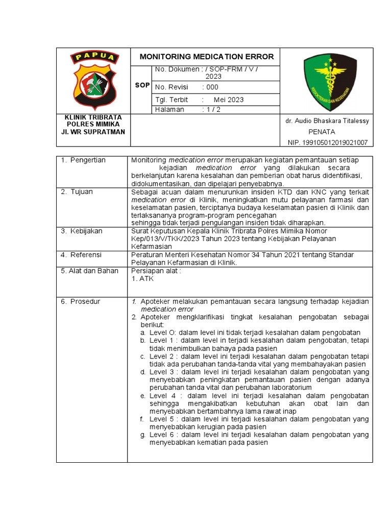 Sop Monitoring Medication Error | PDF