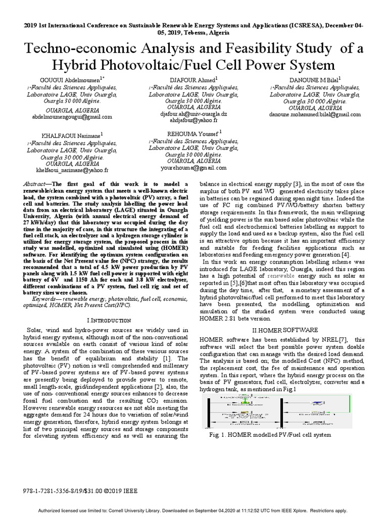 Techno-Economic Analysis and Feasibility Study of A Hybrid Photovoltaic - Fuel Cell Power System ...