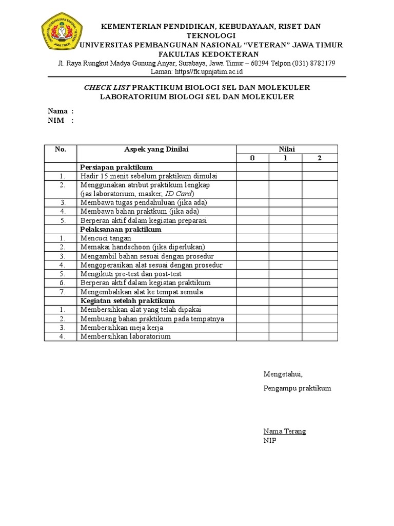 Checklist Praktikum Biologi Sel | PDF