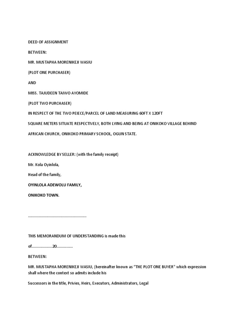 Deed of Assignments. Between Mustapha and Tajudeen | PDF