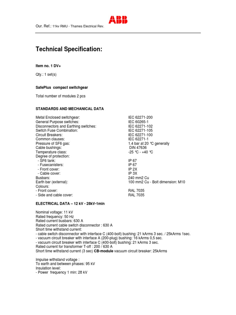 11kV RMU Technical Specifications | PDF | Transformer | Switch