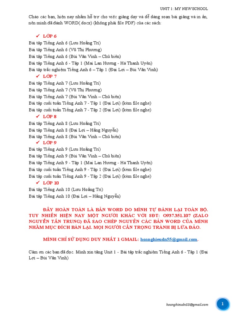 Unit 1 Bai Tap Trac Nghiem Tieng Anh 6 Tap 1 Dai Loi Bui Van Vinh | PDF