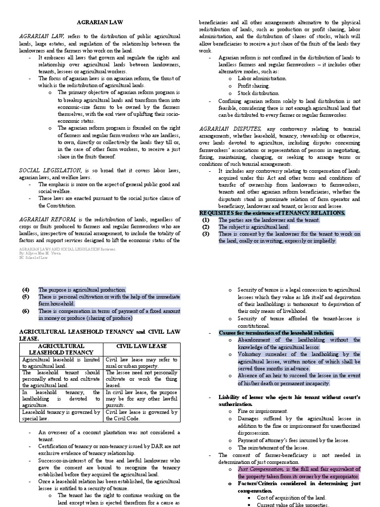 Agrarian Law Notes Pdf Leasehold Estate Lease