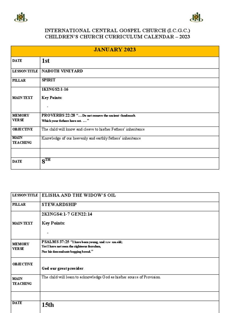 Icgc Children Church Curriculum 2023 Updated Draft - 18.08.2023 | PDF