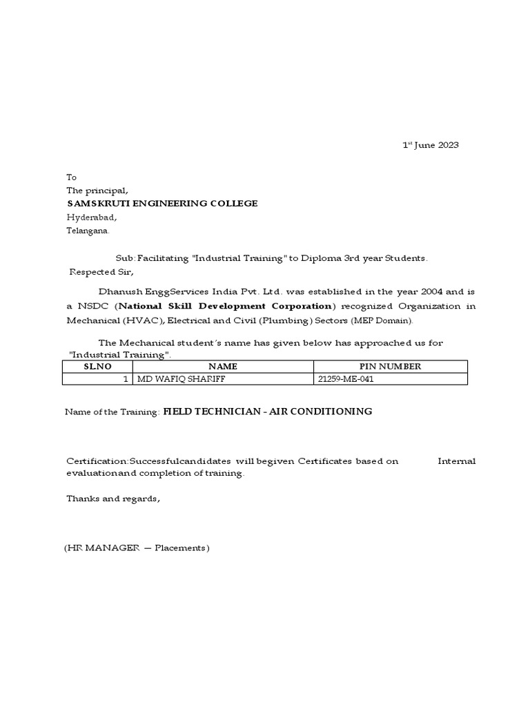 Diploma Internship Letter | PDF | Technology & Engineering