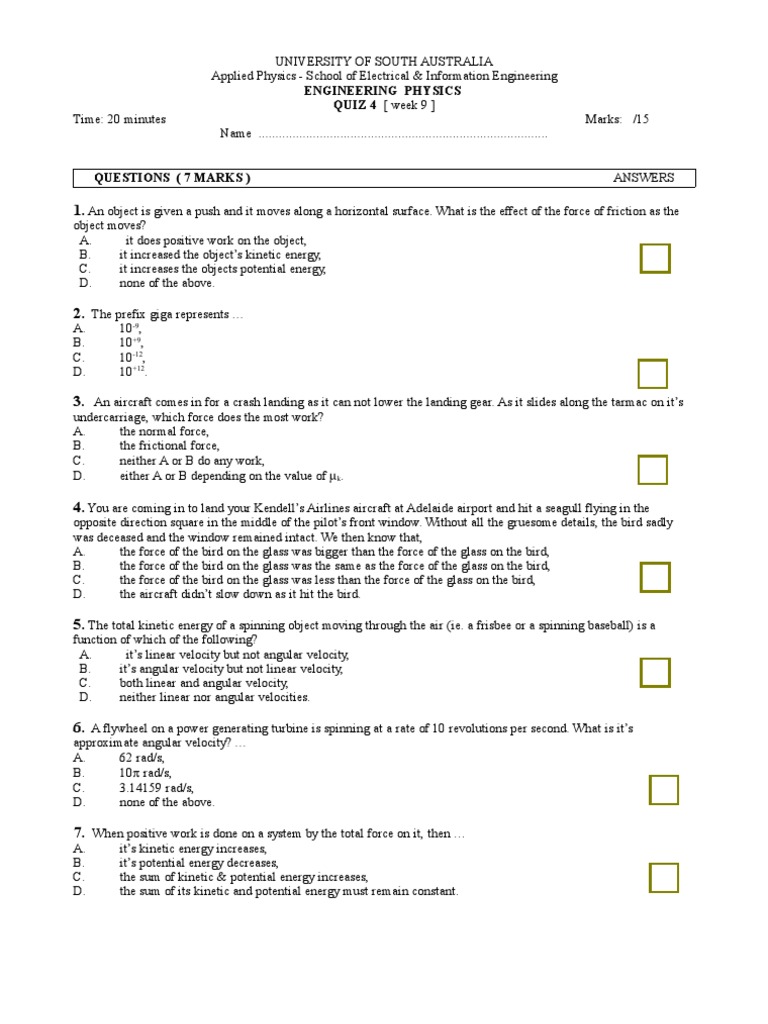Engineering Physics QUIZ 4 (Week 9) | PDF | Kinetic Energy | Velocity