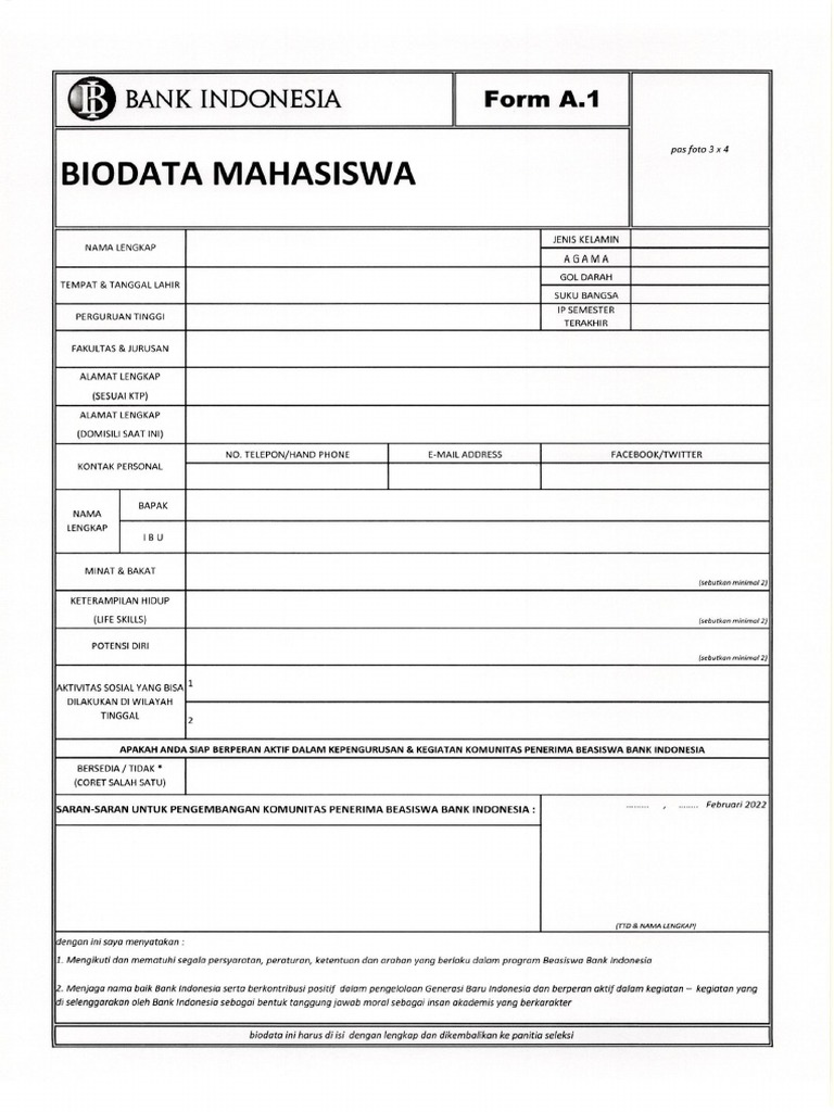 Form A1 Beasiswa Bank Indonesia | PDF