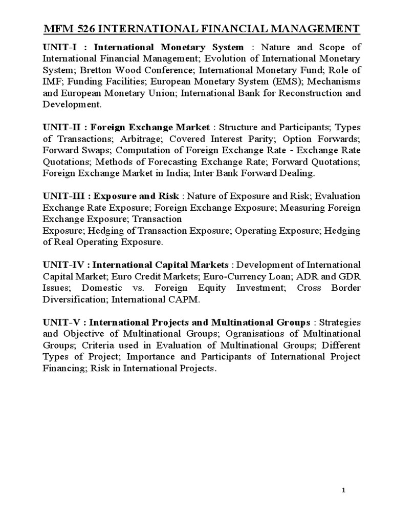 MFM 526 International Financial Management Unit 1 to 5 | PDF