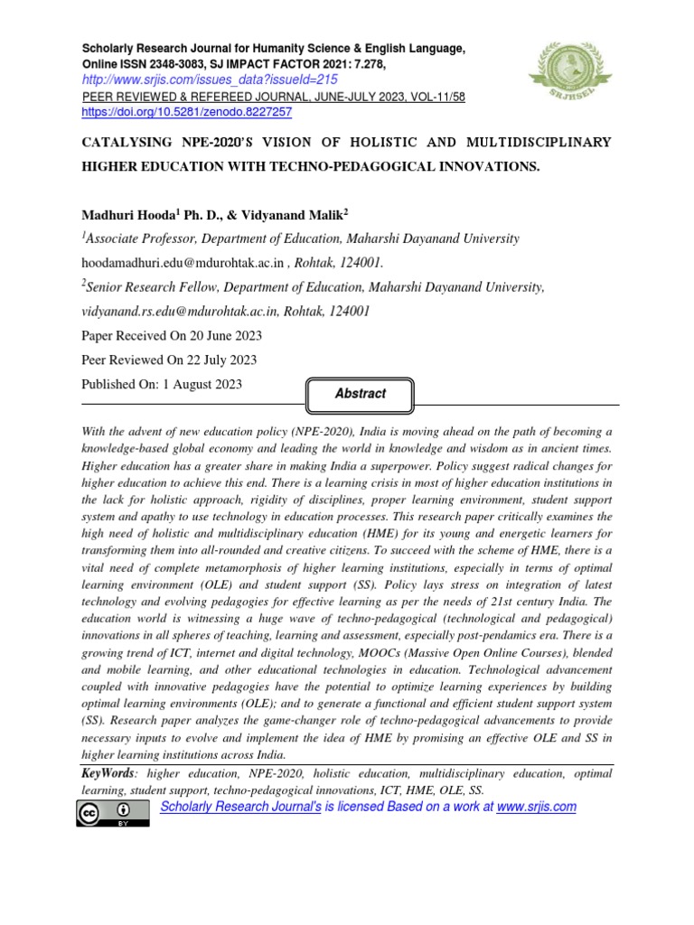 Catalysing Npe-2020's Vision of Holistic and Multidisciplinary Higher Education With Techno ...
