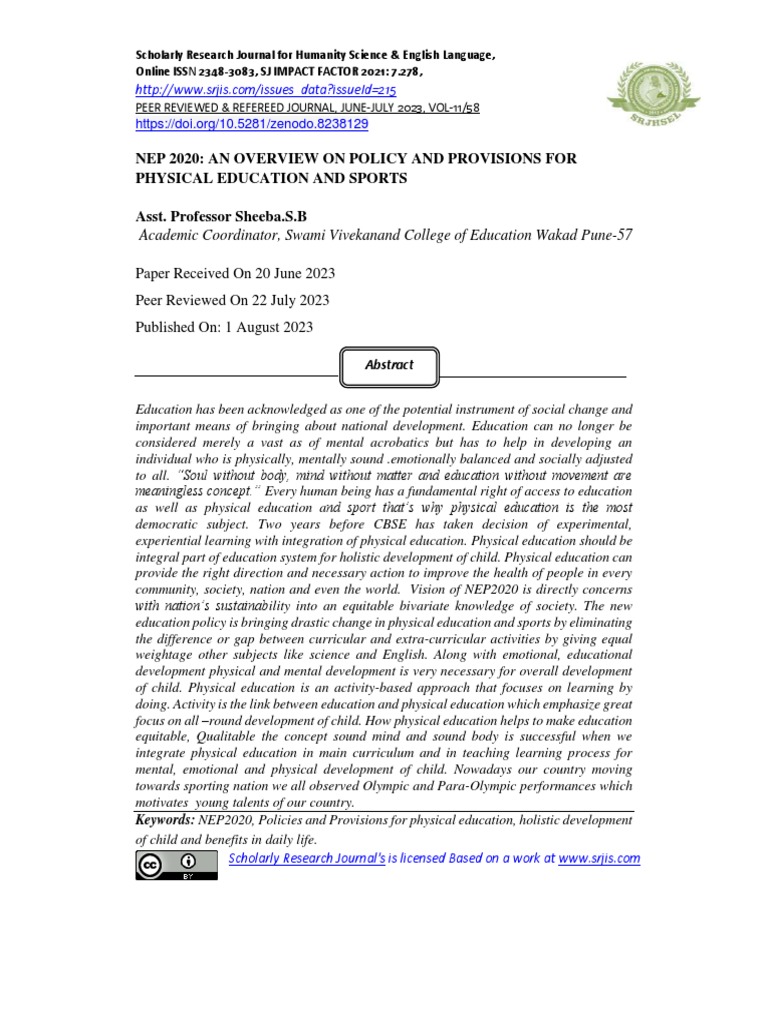 Nep 2020: An Overview On Policy and Provisions For Physical Education ...