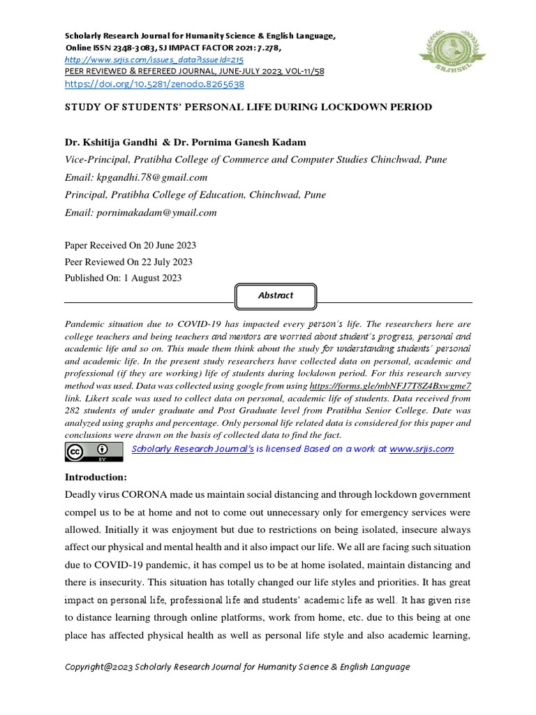 Study of Students' Personal Life During Lockdown Period | PDF | Data ...