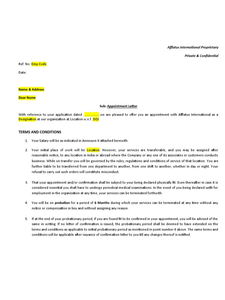 Afflatus International New Appointment Letter | PDF